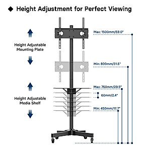 BONTEC Tilt Rolling TV Stand, Mobile TV Stand with Locking Wheels for 23-60 Inch LED, LCD, OLED Flat&Curved TVs, Height Adjustable TV Cart with Laptop Shelf, Holds Up to 88lbs Max VESA 400x400mm