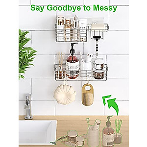 SMARTAKE 2-Pack Shower Caddy, Combined Bathroom Shelf with Soap Dish and Hooks for Hanging Razor Brush Sponge, Wall Mounted Rustproof Basket with Adhesive, No Drilling, 304 Stainless Steel, Silver