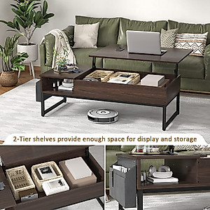 Aheaplus Lift Top Coffee Table with Storage, Wood Lifting Top Central Table Metal Frame, 43.3" Lift Tea Table with Side Pouch, Cocktail Table Modern Adjustable Table for Living Room, Espresso