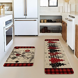 Artoid Mode Red Xmas Trees Ball Joy Snowflakes Christmas Kitchen Mats Set of 2, Winter Decor Low-Profile Kitchen Rugs for Floor - 17x29 and 17x47 Inch