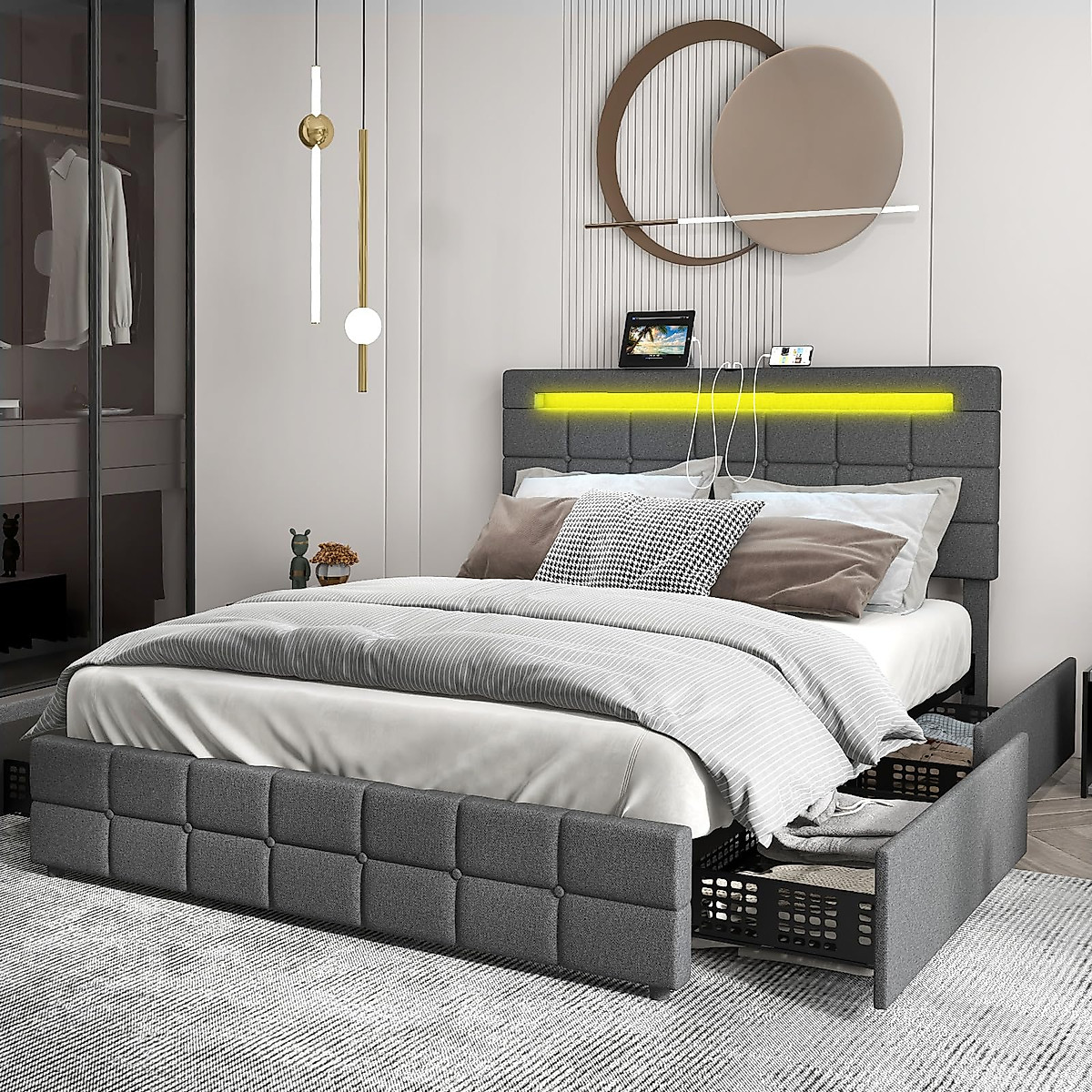 KOMFOTT Queen Bed Frame with Charging Station & LED Lights, Upholstered Platform Bed Frame with Adjustable Headboard & 4 Storage Drawers, Solid Wooden Slats Support, No Box Spring Needed, Noise Free