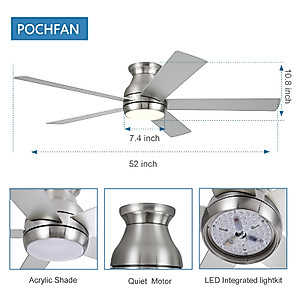 POCHFAN 52 Inch Low Profile Ceiling Fans With Lights and Remote, Flush Mount Modern Ceiling Fan, 3CCT Dimmable DC Ceiling Fan for Bedroom, Living Room, Brushed Nickel