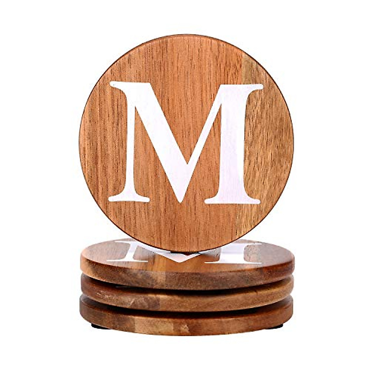 Wood Coasters Set, Natural Wooden Letters Coasters for Drinks, Set of 4 Wood Coasters, Wedding Coasters, Personalized Coasters Customizable with Name, Monogrammed Letter M