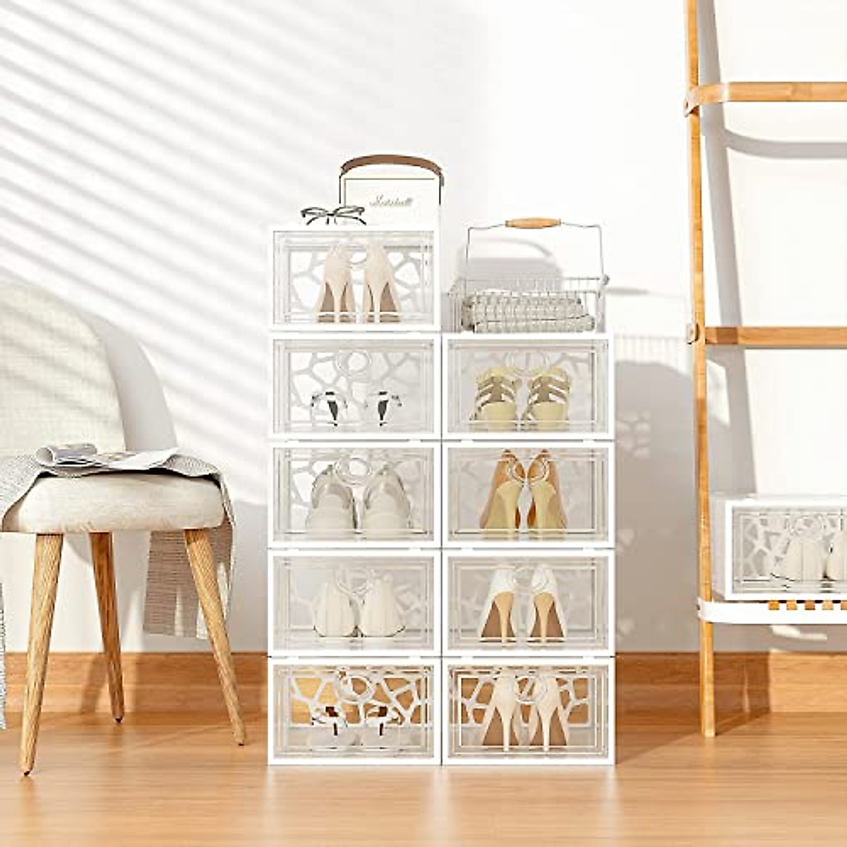 Pinkpum 12 Pack Shoe Storage Boxes, Clear Stackable Shoe Containers for Closet, Foldable Sneaker Storage Fit for Size 11