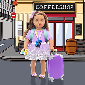 K.T. Fancy 23 pcs American 18 Inch Doll Accessories Suitcase Travel Luggage Play Set for 18 Inch Doll Travel Carrier, Sunglasses Camera Computer Phone Pad Travel Pillow Passport Tickets Cashes