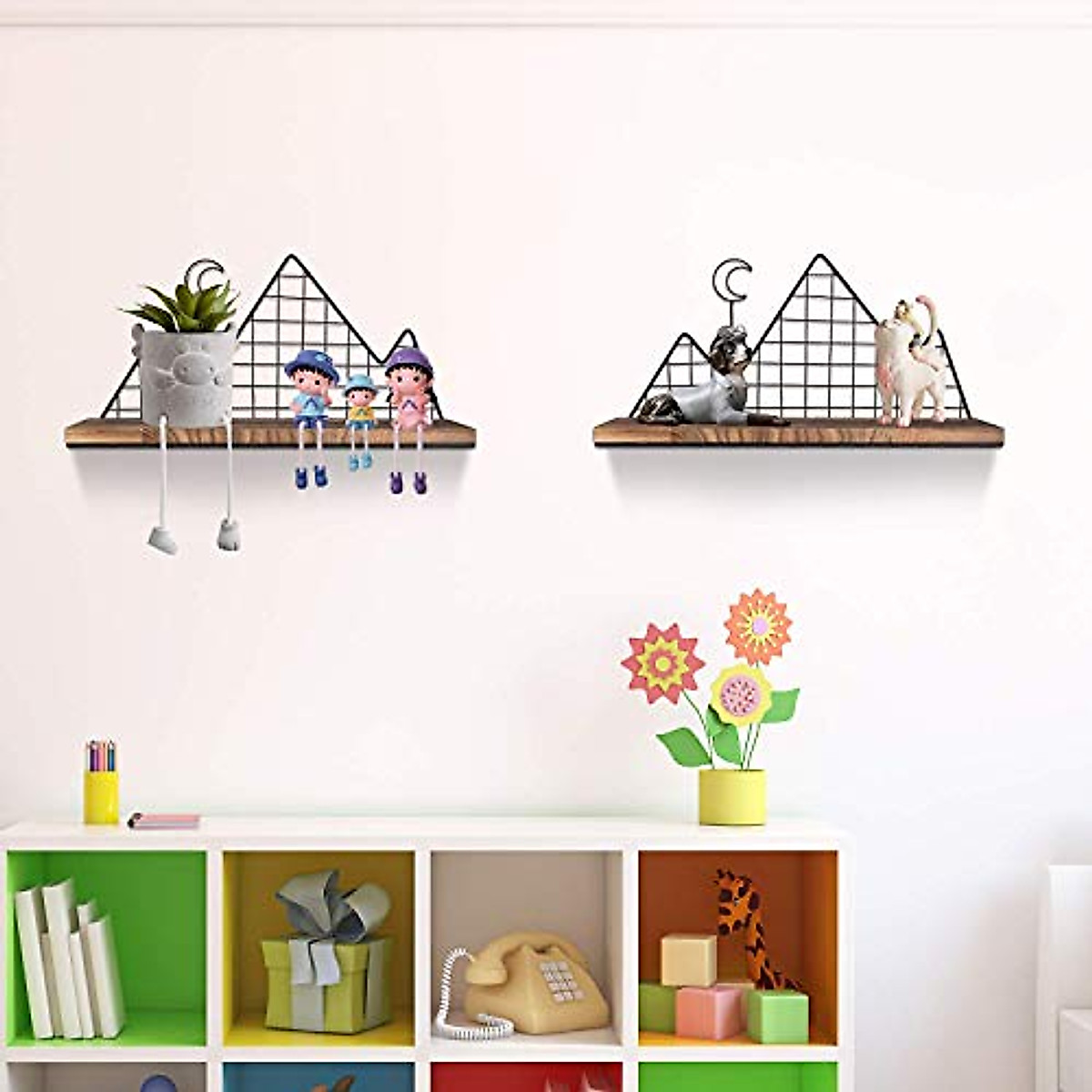 Homode Floating Shelves, Set of 2 Mountain Wall Shelves, Rustic Wood Display Storage Shelf with Metal Wire, Geometric Decor for Bathroom, Nursery, Bedroom, Office