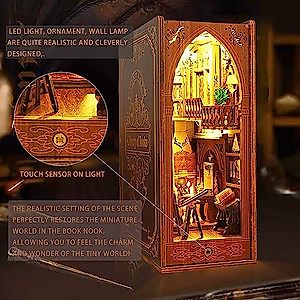 DIY Book Nook Kit,Dollhouse BookNook Bookshelf,3D Wooden Puzzle Bookends, Book Nook Miniature Kits with LED Light for Adults
