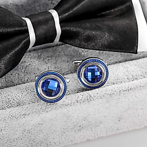 Crystal Cufflinks and Studs Sets for Men's Tuxedo Shirts with Gift Box - One Pair Cufflinks with 6 pcs Studs - Blue