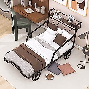 Twin Size Metal Platform Bed Frame with 4 Wheels and Storage Shelf, Car-Shaped Metal Bed with for Kids Teens Boys Girls, No Box Spring Needed, Under Bed Storage (Black)