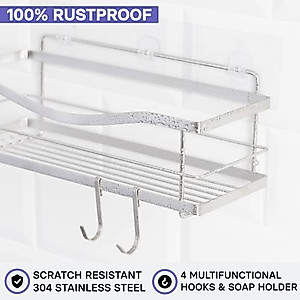 KINCMAX Shower Caddy and Soap Holder, Rustproof SUS304 Stainless Steel, Adhesive Wall Mount Double Baskets 3-pack with Hooks (Polished Silver)