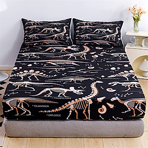 URLINENS Dinosaur Fitted Sheet Twin Size, Jurassic Evolution Dino Bones Bedding Set 2 Piece 1 Fitted Sheet and 1 Pillowcase, Wildlife Dinosaur Sheet Set for Kids Boys Girls Teens Fun Bed Sheet