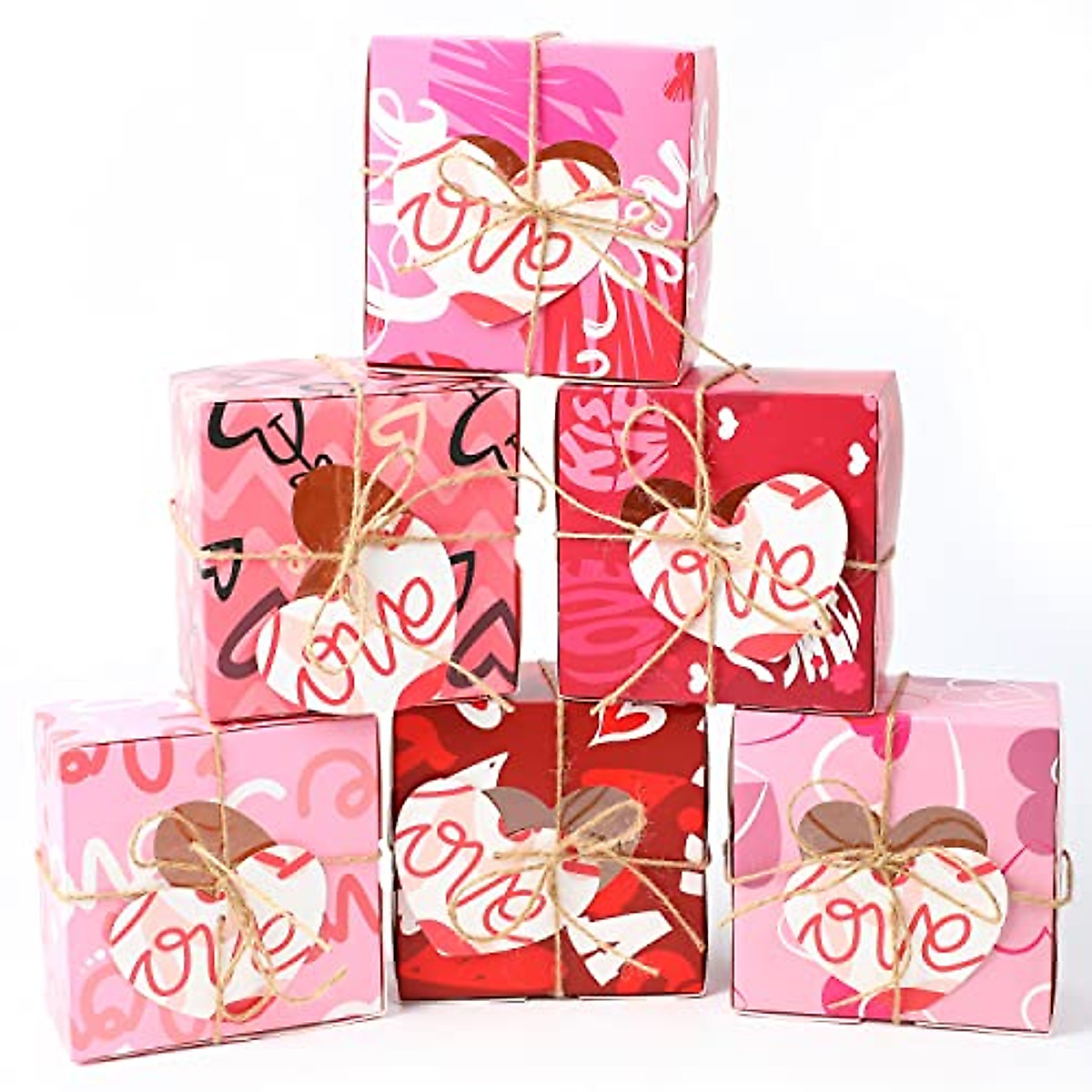 VEYLIN 24PCS Valentine Boxes for Treats, 4”x4”x2.4” Valentines Day Cookie Boxes Cupcake Bakery Boxes with Windows Heart Boxes for Strawberries 6 Designs