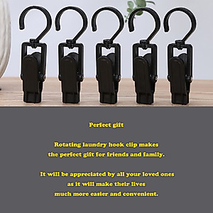 Rotating Laundry Hook Clip,Plastic Clothes Swivel Hanger,Multipurpose Anti-skid Clothespin,Hat/Cap/Socks/Scarf Hanging Organizer,Heavy Duty/Windproof/Black Drying Clamp,Wardrobe Organizing Tool(10pcs)