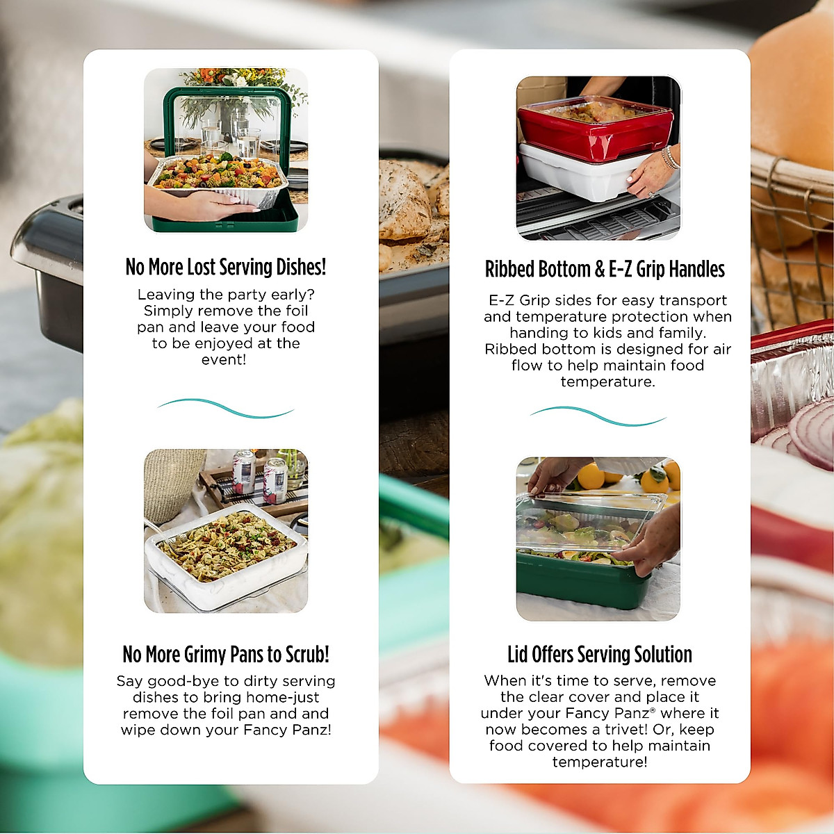 Fancy Panz Classic, Food Serving Tray, Made in the USA Foil Pan Carrier, Stackable Aluminum Pan Holders with Clear Lid, Travel Casserole Carrier With 1 Disposable Foil Pan & Serving Spoon, Green