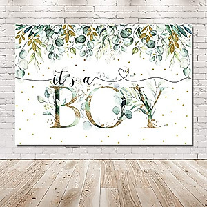 MEHOFOND 7x5ft It's a Boy Baby Shower Backdrop Spring Greenery Eucalyptus Leaves Green and Gold Background Party Decor Banner Cake Table Supplies Photo Booth Studio Props