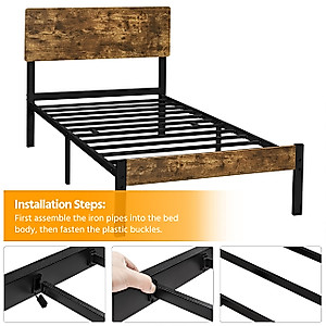 Yaheetech Metal Platform Bed Frame Twin with Wood Headboard and Iron Slats, Rustic Country Bed Base with Mattress Foundation/Strong Slats Support/12 Inch Underbed Storage/No Box Spring Needed, Brown