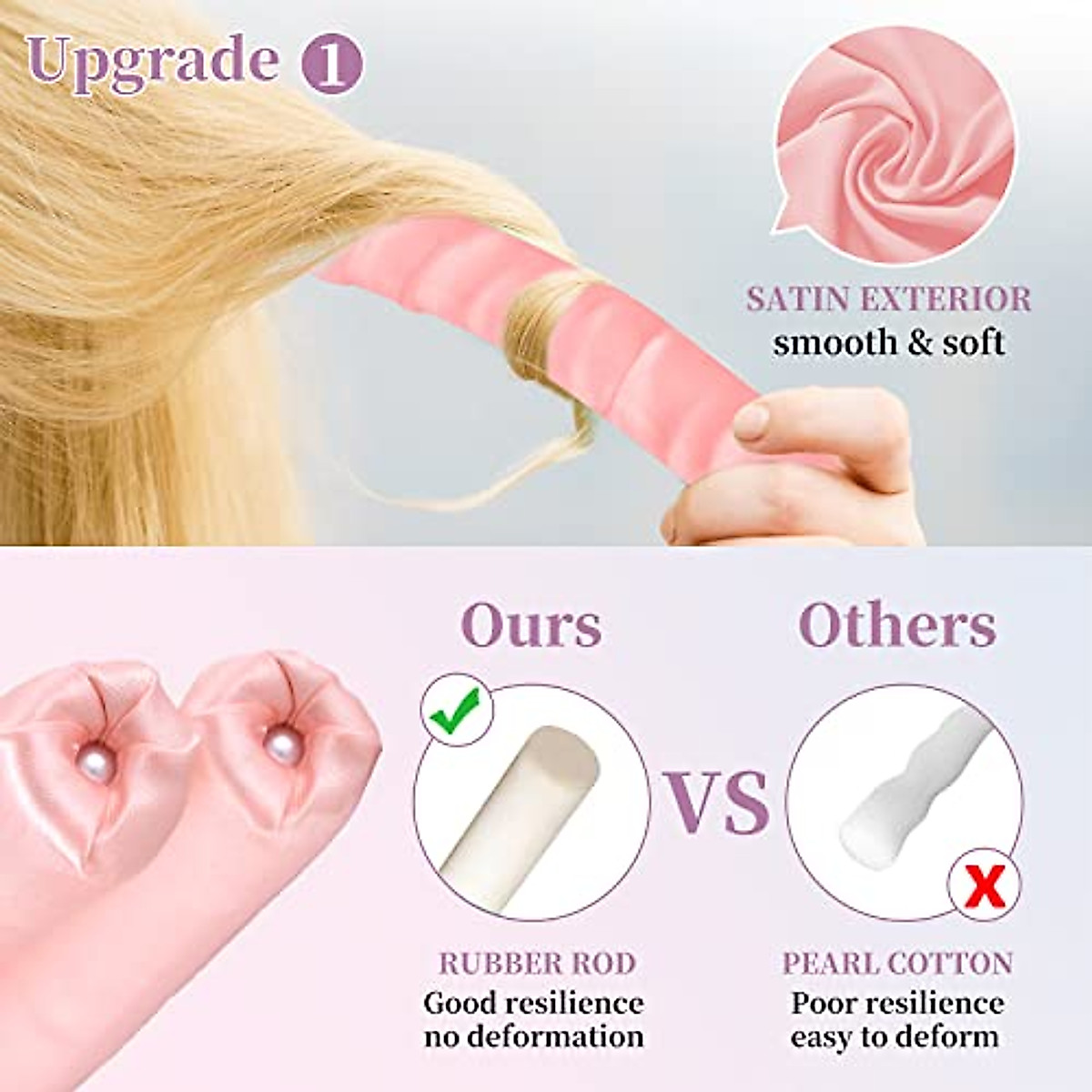 Heatless-Hair-Curler, Upgraded Segmented Design No Heat Silk Curls Headband for More Comfortable Sleep Overnight, Silk Curling Ribbon for Hair with Rubber Bands and Clips (Pink)