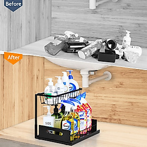 Under Sink Organizer, DIFEN 2-Tier Sliding Cabinet Basket Organizer for Under Sink Storage in Bathroom and Kitchen - Black