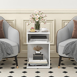 Giantex 3-Tier Side Table Set of 2, S-Shaped End Table with 2 Open Storage Compartments, Wood Narrow Bedside Table, Modern Nightstand for Bedroom, Living Room, Small Spaces, Easy Assembly, White