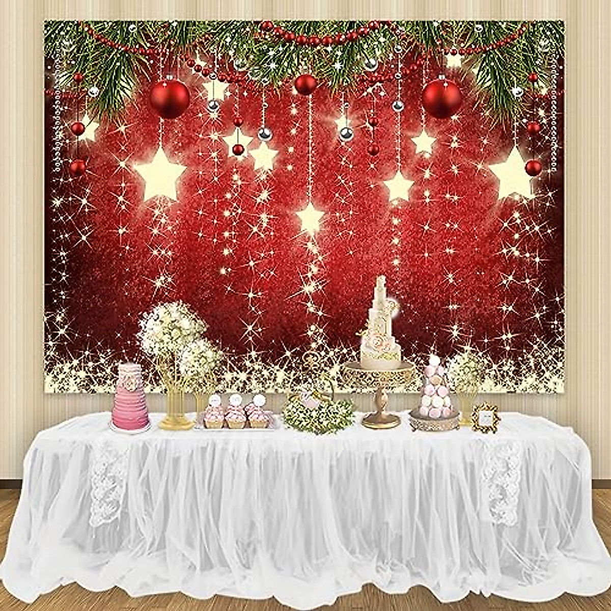 7x5ft Red Christmas Backdrop Sparkling Stars Christmas Backdrops for Pictures Glittering Stars Christmas Photo Backdrop New Year Christmas Photography Backdrop for Party Decorations