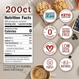 Monk Fruit In The Raw Sweetener Packets, 200 Ct, Keto Certified Monk Fruit Sweetener Packets, Zero Calories, Zero Net Carbs, Non-GMO Project Verified, Vega, Low Glycemic Index