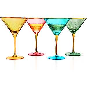 Crystal Martini Glasses Colored - Set of 4 - Stemmed Multi-Color Glass, Great for all Drink Types and Occasions - Luxury, Durable, Hand-Blown Vintage Art Deco Coupe for Champagne, Martini, Cocktails