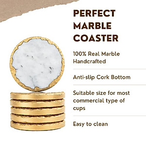 Dear Casa Gold Edge Coasters for Coffee Table (Round) —Set of 6— Handcrafted Real Solid White Marble Coasters— Perfect as Drink Coasters Housewarming Gift — Modern Coasters for Drinks (Round)