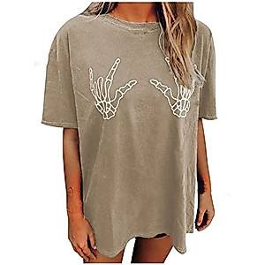 Avanova Women's Skull Graphic Print Oversized Tee Short Sleeve Casual Summer Loose T Shirt A Khaki Medium
