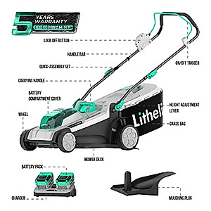 Litheli Cordless Lawn Mower 17 Inch, 2 x 20V 4.0Ah Battery Lawn Mowers with Brushless Motor, Bagging & Mulching, Charger Included