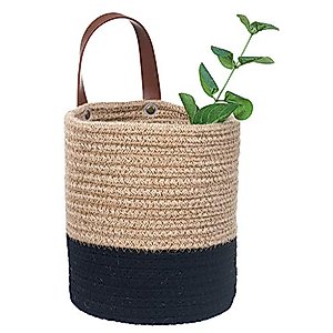 ZFRXZ Wall Hanging Basket - 6.3" x 7" Small Cotton Rope Baskets with Handle Storage Bins for Door Closet- Woven Basket Organizer for Flower Plants, Towels,Toys (Jute & Black)