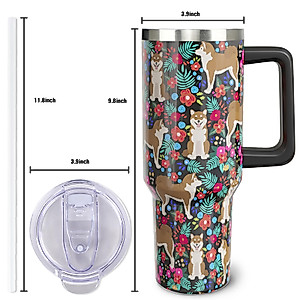 puhnhsv 40 oz Shiba Inu Tumbler with Handle, Insulated Stainless Dog Tumbler Coffee Travel Mugs Cup Water Bottle Shiba Inu Lovers Gifts for Women Girls