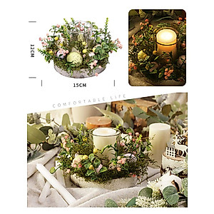 Easter Candle Holder with Pastel Eggs and Mixed Flowers Hurricane Candlestick with Glass Screen Cover Spring Candleholder Small Wreath Candlestick Centrepiece Table Top Decoration Easter Ornaments