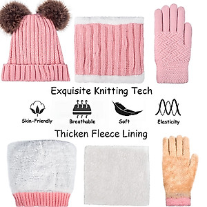 Kids Hat Scarf Gloves Set Girls Winter Warm Knit Beanie Soft Thick Fleece Lining Cap with Cute Double Fur Pom Pom Pink Toddler Children Baby Cold Weather Snow Accessories Crochet 6-10 Years