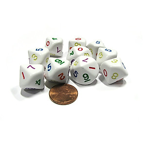 Koplow Games Set of 10 D10 Ten-Sided Opaque Rainbow Dice, 0-9 - White with Multicolor Number