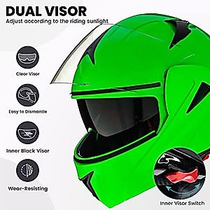 ILM Motorcycle Helmets Modular Dual Visor Flip-up Full Face Street Bike Racing Helmet DOT 5 Colors Model 808 (M, Green)