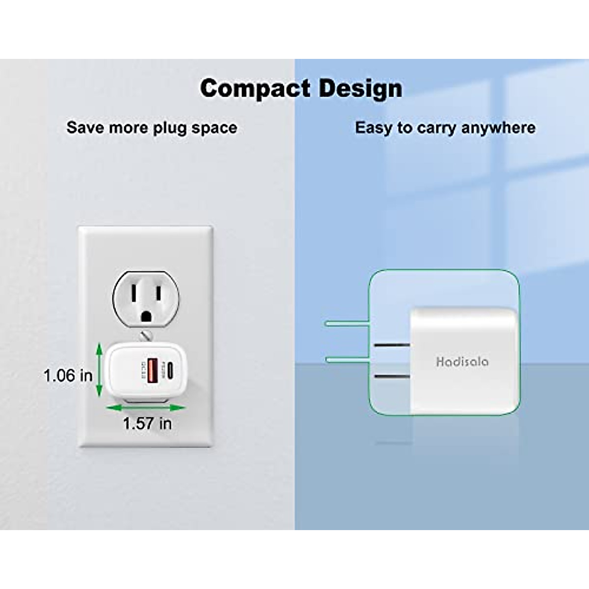 USB C Fast Charger, Hadisala 20W Dual-Port PD USB C/QC 3.0 Wall Charger, Portable Travel Power Adapter Cell Phone Charger Compatible with iPhone 14 Pro Max/Mini, iPad Pro, AirPods Pro, Galaxy and More