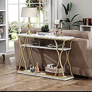 Modern Console Table Entryway, 47.24" Faux Marble Narrow Sofa Table Free Combine Two Different Shape for Hallway Entrance Hall Foyer Corridor Living Room Gold Base (Gold)