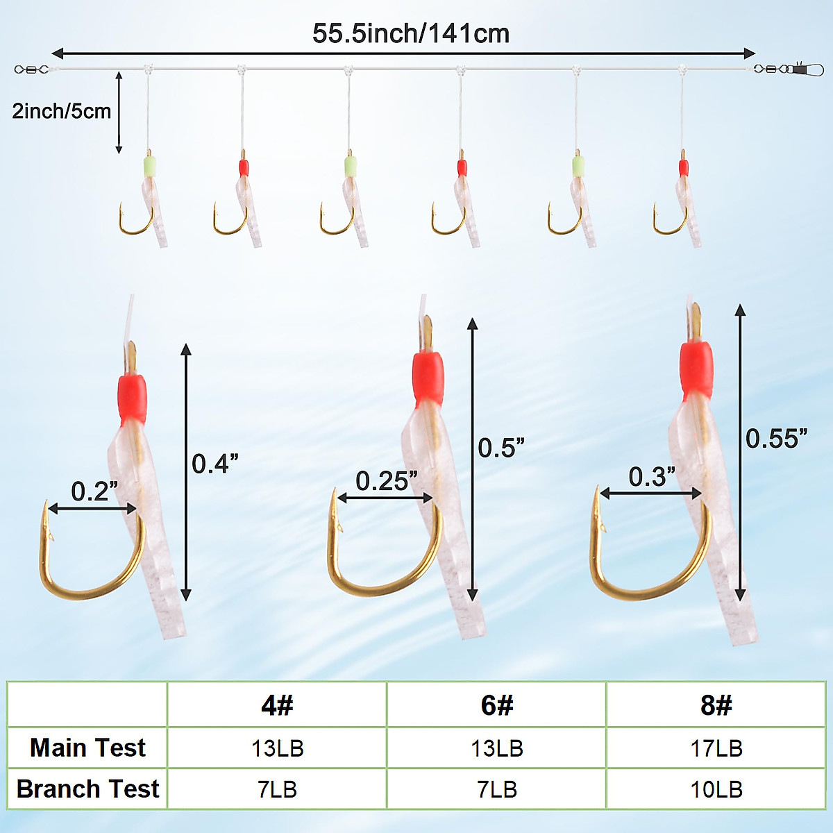 OROOTL Fishing Bait Rigs Saltwater, 6 Packs Surf Fishing Rigs with Sharp Hooks Fish Skin Feather Swivel Snap Glow Saltwater Lures Sea Bass Cod Herring Hook Rig Size 4 6 8