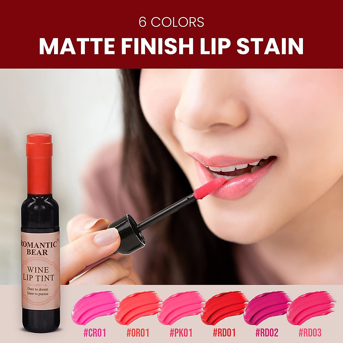 DEALPLUSDEAL ROMANTIC BEAR Wine Lip Tint - 6 Pcs Set Long Lasting Color Waterproof Wine Bottle Design Lip Gloss Lip Makeup Liquid Lipgloss