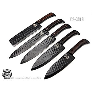 SHINY CRAFTS | Handmade Forged Black Coated Kitchen Knife Set with Wangi wood handle and Damascus Steel Blade, Chef’s Knives set with Leather Pouch Roll and Razor-Sharp Blade (CS-13)