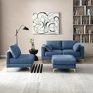 N NOORDENIYA 93'' L Shape Sectional Sofa Couch, Sectional Couch Reversible Chaise with Footstool Ottoman, 3-Seater Sofa Couch Set for Apartment, Living Room, Bedroom, Office. Blue Polyester
