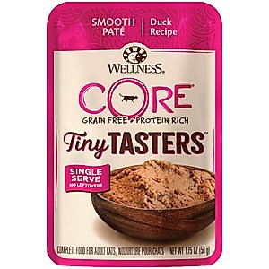 Wellness CORE Tiny Tasters Pate Adult Wet Cat Food, Natural, Protein-Rich, Grain Free, 1.75-Ounce Pouch, 12 Pack, (Duck)