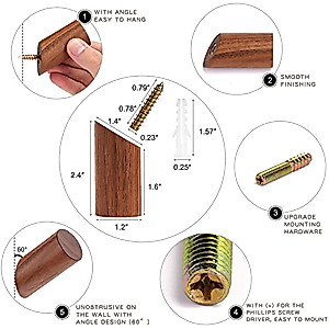 Felidio 6 Pack Wood Hooks, Natural Coat Hooks Wall Mounted - Rustic Heavy Duty Wall Hooks for Hanging Towels Coats - Entrance Hat Rack Coat Rack Wall Hanger (Walnut Wood)