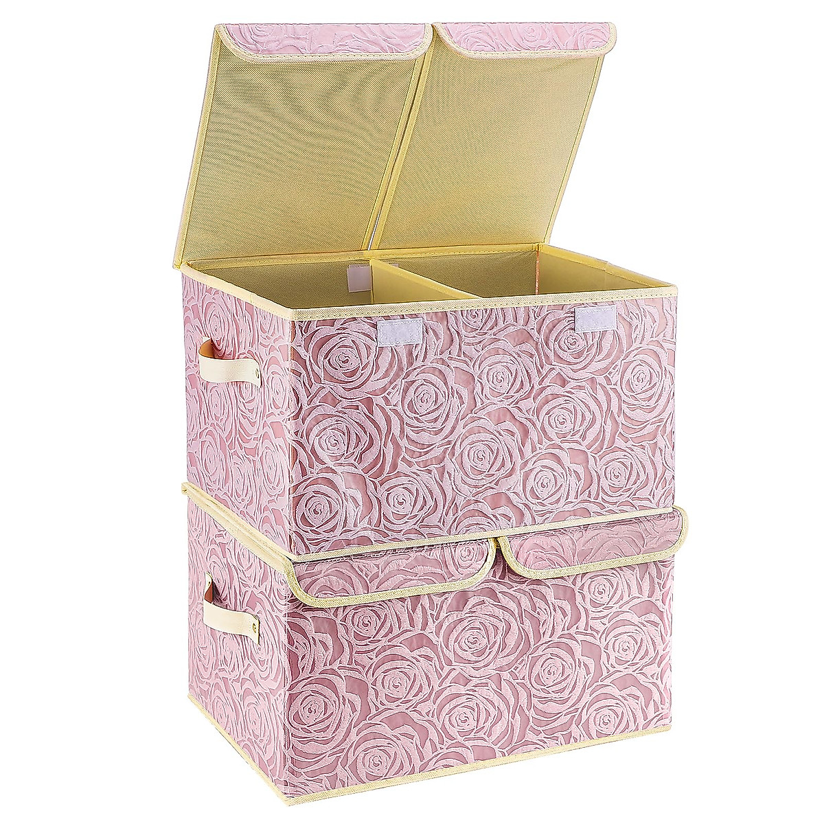 Fassave Foldable Storage Bins with Lids, 2 Packs Fabric Storage Container Basket Cube with Handles for Office, Bedroom, Closet (Large-2 Pack, Light Pink Pattern-2 Lid)