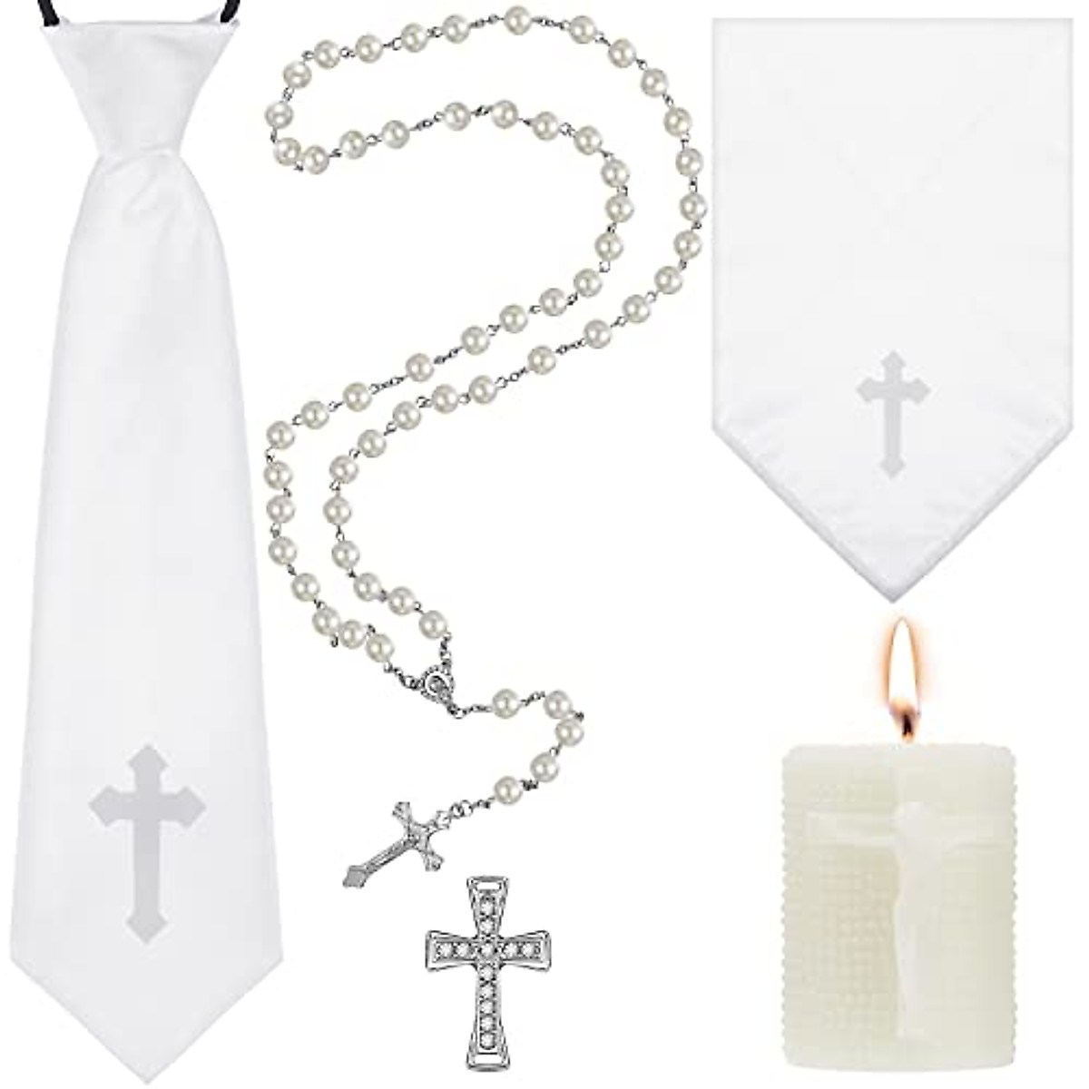 5 Pieces Boys First Holy Communion Accessories Boys Communion Set Including 1 White Tie 1 Folded Handkerchief Embroidered with the Cross 1 Cross Pin 1 Pearl Rosary 1 Cross Candle for Baptism