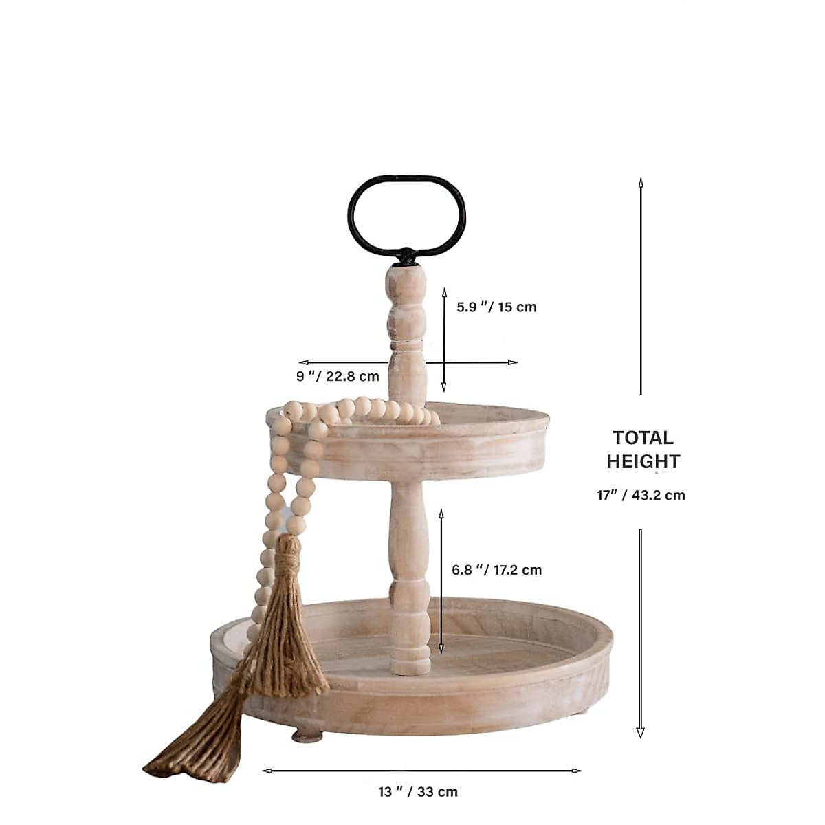 BonzaiKit Two Tier Wood Tray with Wooden Beads - Farmhouse Rustic 2 Tiered Serving Stand for Kitchen & Home Decor - Cupcake Stand with Metal Holder
