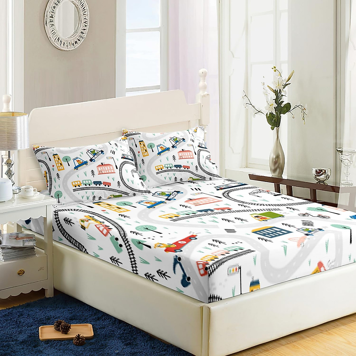 AILONEN Construction Fitted Sheet Set Full Size, Cartoon Cars Fitted Sheet,Equipment Truck Sheets Set for Boys Kids, 1 Fitted Sheet and 2 Pillowcases