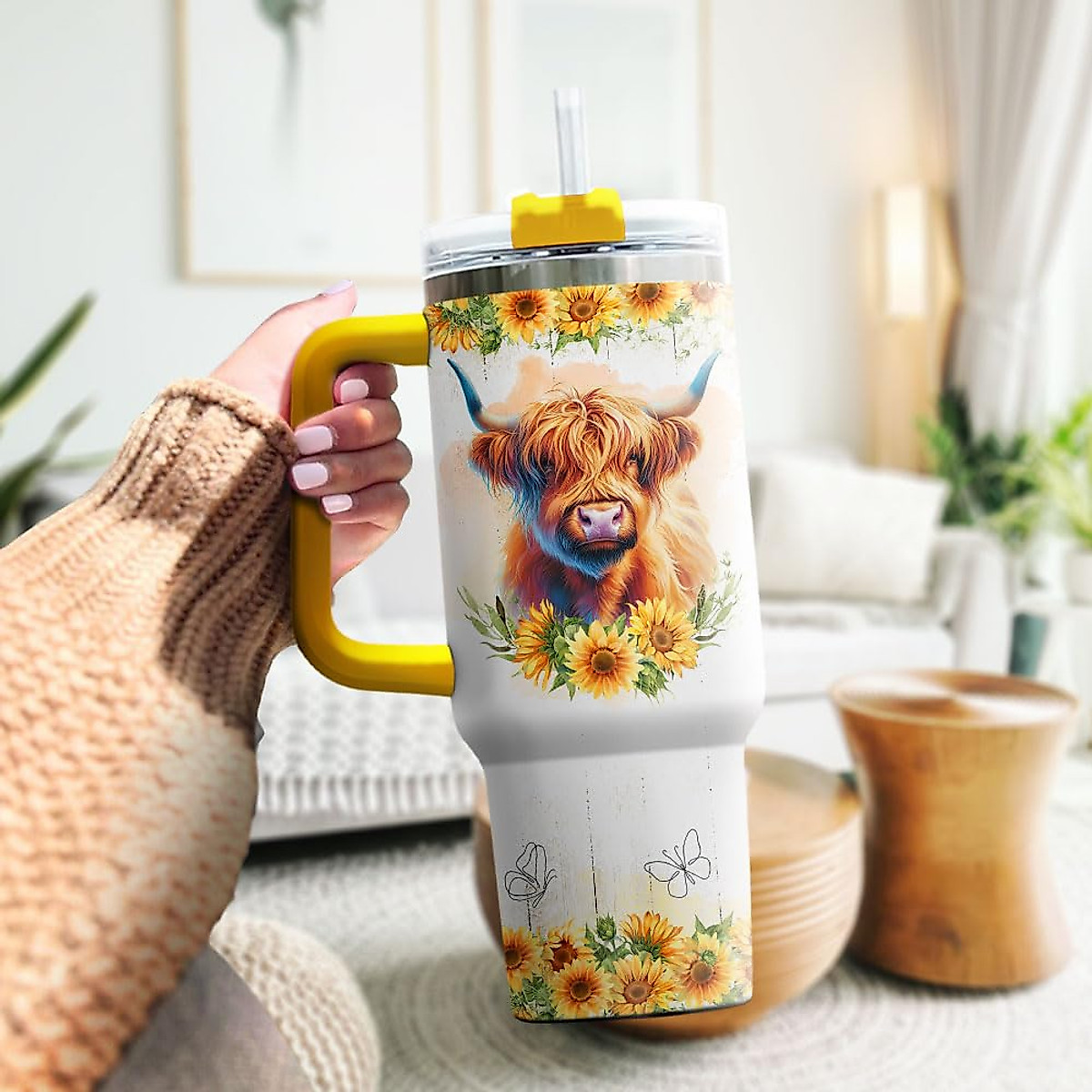 99OWL Highland Cow Sunflower Handle for Yellow Tumblers, 40 Oz Insulated Coffee Cup With Lid and Straw, Brown Women's Tumbler, Cow Gifts