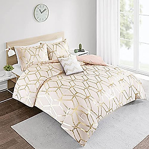 Comfort Spaces Vivian Comforter Set Ultra Soft All Season Lightweight Modern Geometric Glam Metallic Print Bedding, Matching Sham, Decorative Pillow, Full/Queen, Geometric Blush/Gold