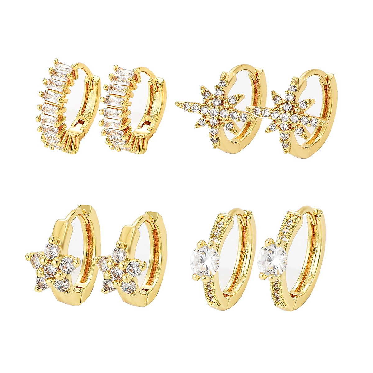 Small Gold Huggie Hoop Earrings Set for Women, Hypoallergenic Twisted Cartilage Hoops Lightweight, Tiny Diamond Hoop Earrings Jewelry for Multiple Piercing (4pairs,star)